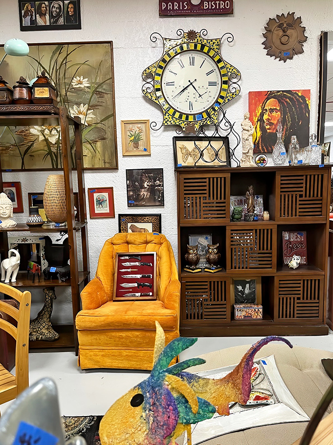 Mid-century meets eclectic in this living room vignette. That mustard chair isn't just seating&mdash;it's a statement piece waiting for its starring role. 