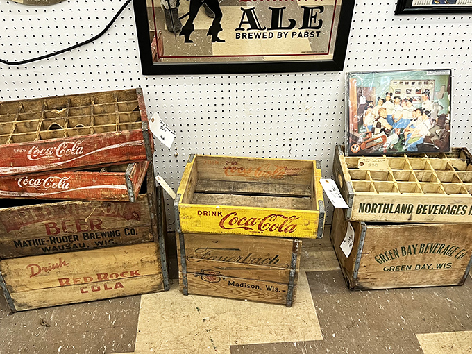 Wisconsin's brewing heritage stacked neatly in wooden time capsules. Each crate a reminder of neighborhood taverns and simpler times.