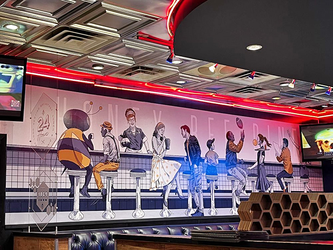 Wall art that celebrates the classic American diner experience &ndash; complete with a giant bee that reminds you this isn't just any diner, it's THE diner.
