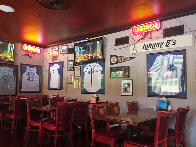 Sports memorabilia and framed jerseys tell stories on the walls, creating that perfect "I've been coming here for years" feeling on your very first visit.