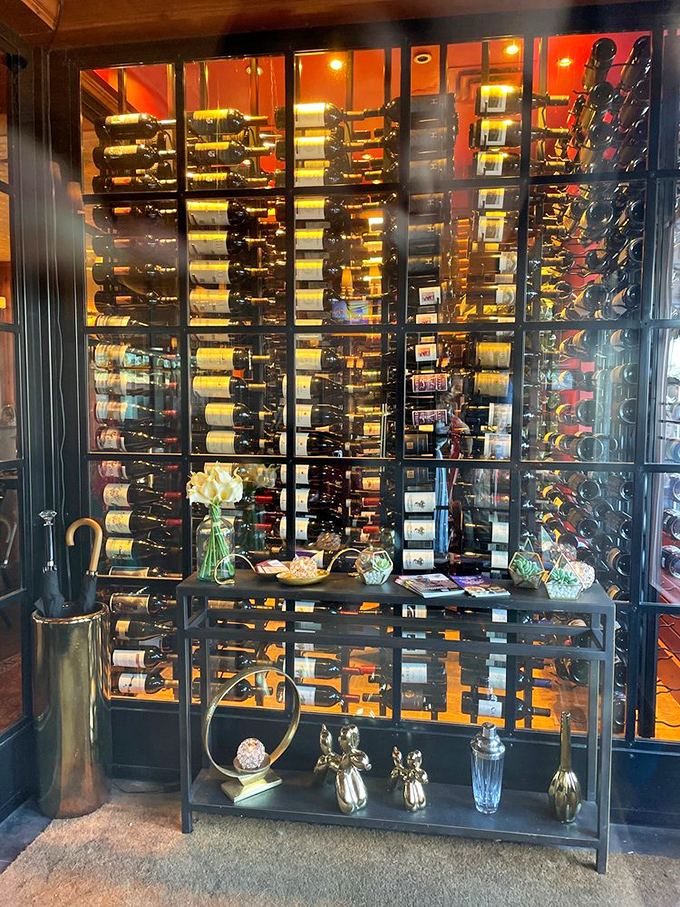 Wine cellar that makes oenophiles weak in the knees. Each bottle waits patiently for its moment to shine alongside a perfect steak.