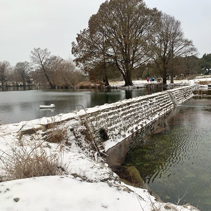 Winter transforms Blanco into a serene wonderland where the dam wears a delicate frosting of snow. A rare Texas treat worth bundling up for.