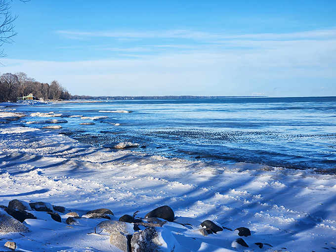 Winter transforms the lakeshore into an arctic wonderland. The ice formations look like sculptures an artist spent months creating overnight.