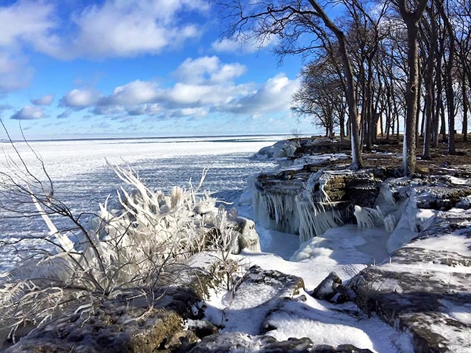 Winter transforms the shoreline into an ice sculpture garden. Suddenly, snowbirds heading south seem like they're missing out.