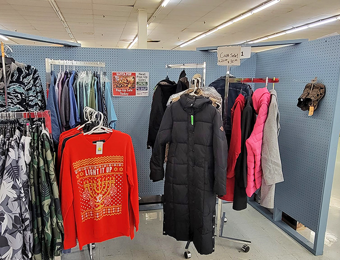 Winter coats in summer, summer clothes in winter&mdash;the flea market's delightful disregard for seasonal shopping logic.