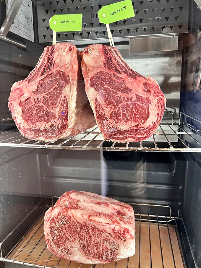 Dry-aged beef with marbling so beautiful it could hang in the Louvre. Meat as art form, waiting patiently for its moment.
