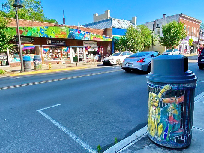 Even the trash cans in Yellow Springs refuse to be ordinary, decorated with whimsical art that turns utility into unexpected joy.