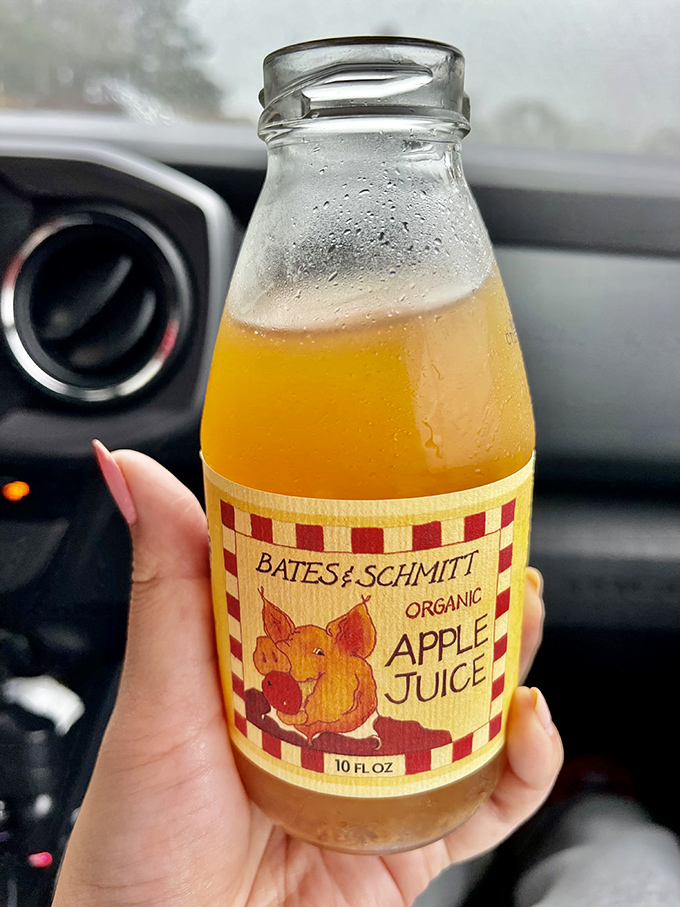 Bates & Schmitt apple juice&mdash;because sometimes the perfect road trip companion isn't your spouse, but a bottle of liquid sunshine from local orchards.