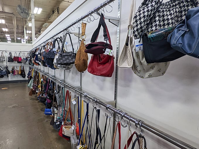 Handbags dangle like fashion fruit ripe for picking, each one holding potential for new adventures.