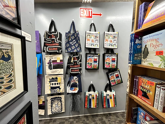 Literary-themed tote bags stand ready for your inevitable over-purchasing. Because no one in history has ever left The Book Loft with "just one book."