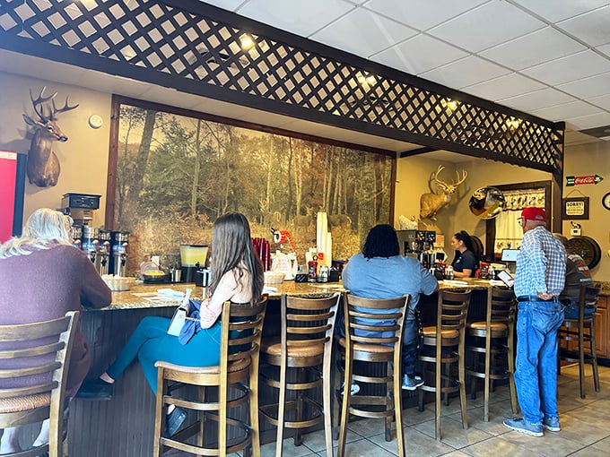 The counter seating area offers prime viewing of woodland scenes and mounted trophies. Where else can you enjoy pancakes while a deer watches over your shoulder?