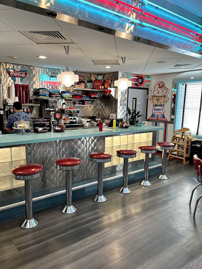 The counter where dreams come true&mdash;classic soda fountain stools, gleaming chrome, and the promise of milkshakes that will ruin all other milkshakes for you.