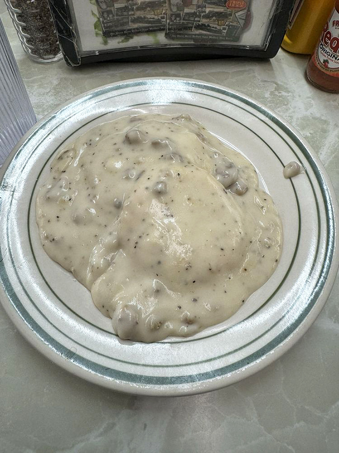 Comfort in a bowl! This creamy biscuits and gravy looks like what grandma would make if grandma were a short-order cook with 50 years of experience.