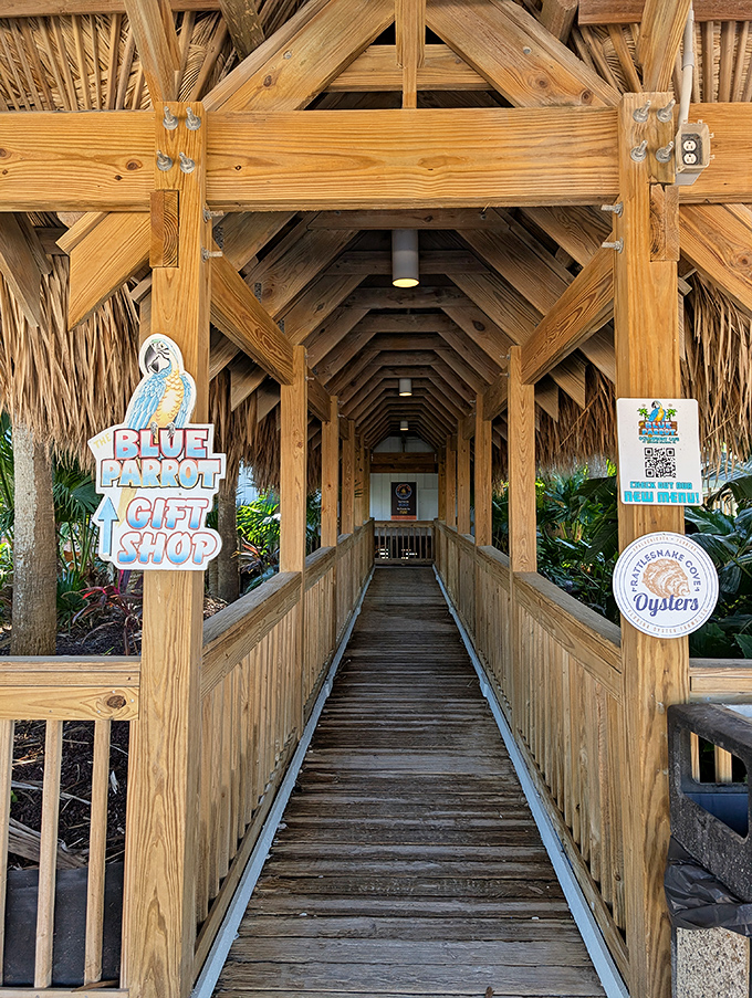 The boardwalk entrance&mdash;like a wooden runway leading to seafood paradise. Every great meal deserves a proper introduction.