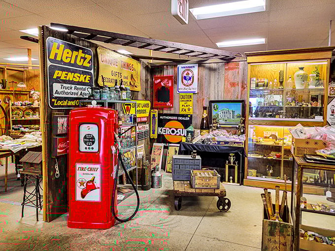 Vintage gas pumps and advertising signs create the perfect storm of nostalgia—a scene that makes you want to pay for your Coca-Cola in nickels.