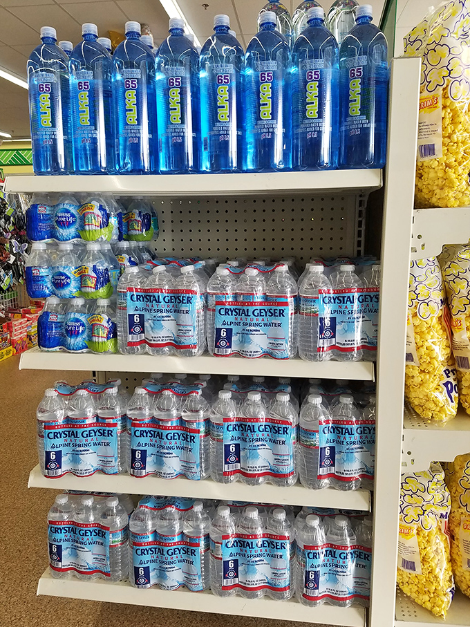 Hydration station loaded with enough water to survive a Tennessee summer heatwave. Crystal Geyser and Pulse bottles stand ready for Smoky Mountain adventures.