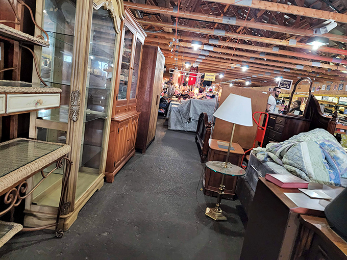 Furniture displays showcase solid wood craftsmanship from eras when "built to last" wasn't just marketing speak.