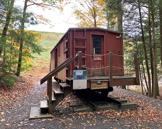 This vintage caboose has found its final stop among autumn leaves, a delightful surprise for hikers along the trail.