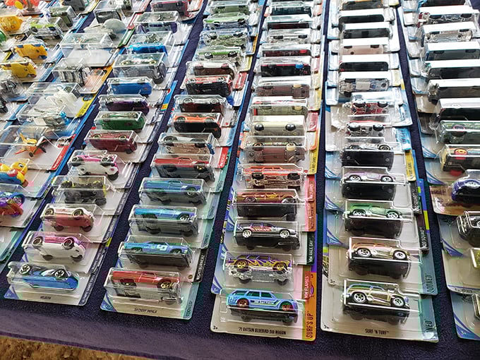 Hot Wheels heaven! Collectors can spend hours examining these miniature marvels, each one a perfectly preserved piece of automotive history.