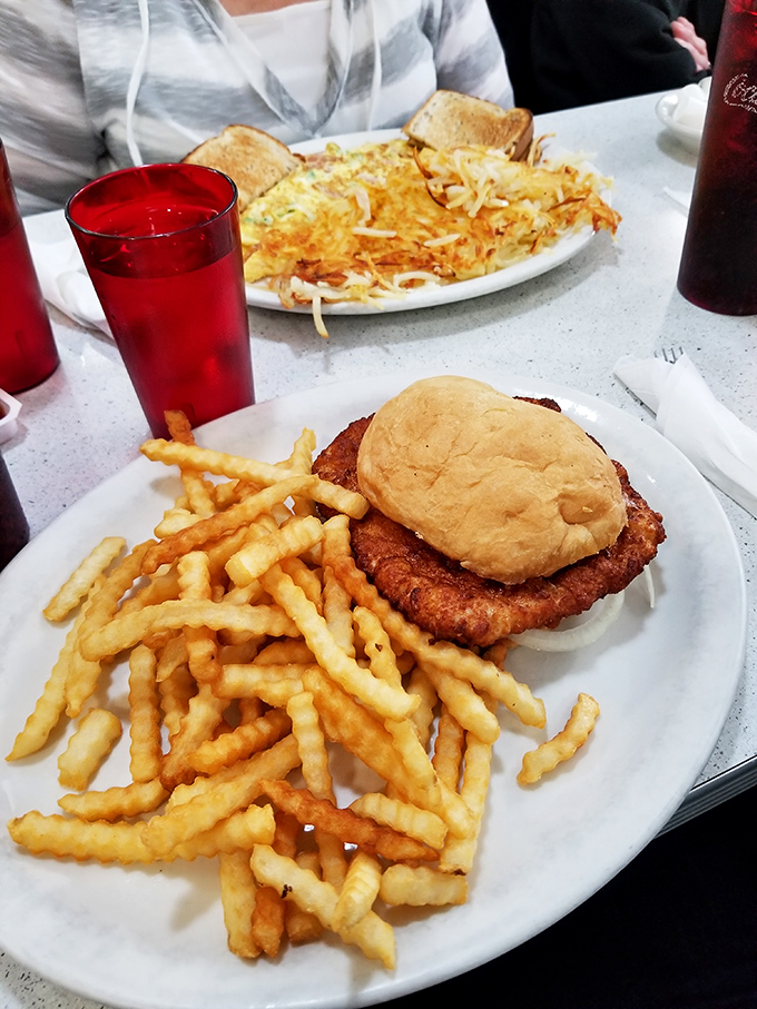 The breaded pork tenderloin sandwich &ndash; Iowa's unofficial state food &ndash; served with a mountain of crinkle fries that demands respect.