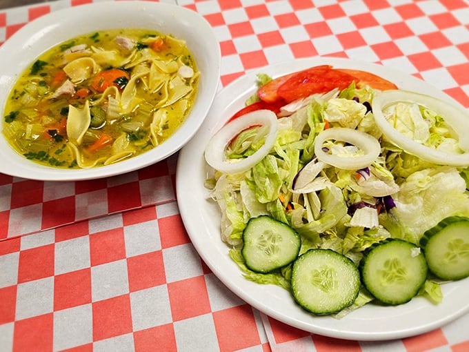 Comfort in liquid and solid form. This chicken soup and fresh salad duo proves that sometimes the simplest combinations provide the most satisfaction.