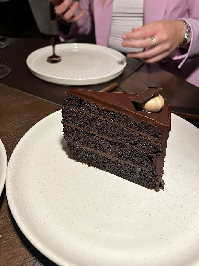 Chocolate cake so rich it probably has its own accountant. Each layer promises a deeper commitment to cocoa-based happiness.