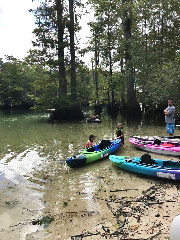 Kayak rainbow at the water's edge. These colorful vessels wait patiently for their chance to glide across nature's glass floor.