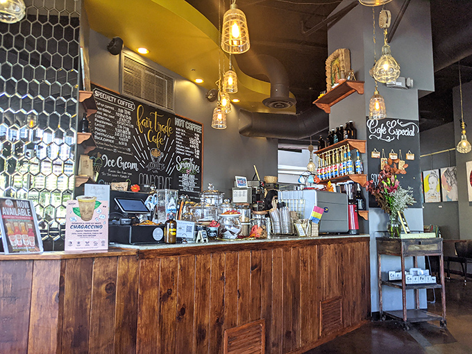 Behind this counter, baristas orchestrate liquid happiness beneath pendant lights that make the whole scene look like a coffee commercial you want to live in.