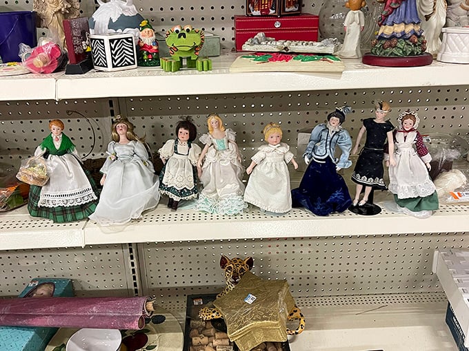 The porcelain committee judges you silently from their perch. These dolls have definitely come alive at night at least once.