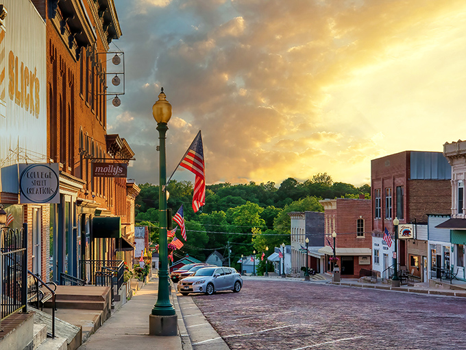 Sunset paints Mount Carroll in hues no filter could improve. This isn't just a street scene&mdash;it's a masterclass in small-town Americana.