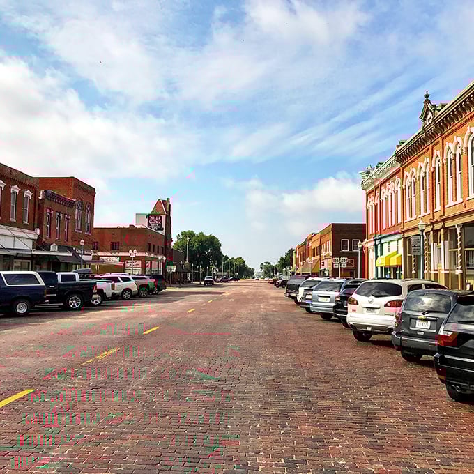 Downtown Red Cloud's brick-paved main street offers the increasingly rare luxury of angle parking and zero parking meters.