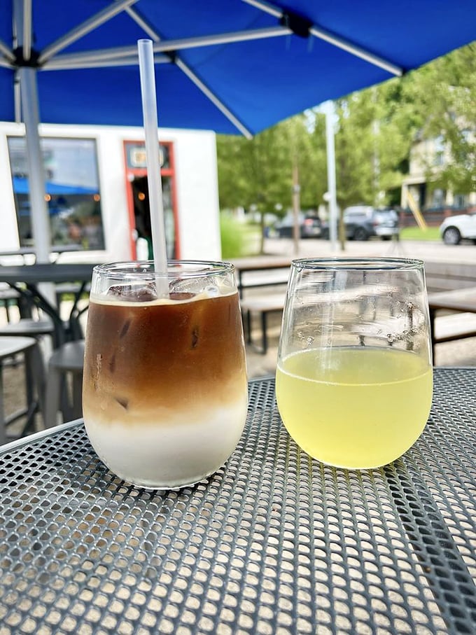 Afternoon delight: a horchata cold brew alongside a classic margarita. The perfect companions for patio people-watching on Wealthy Street.