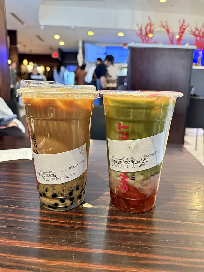 Bubble tea on the left, matcha creation on the right&mdash;liquid desserts that make you question why anyone would ever drink plain water again.