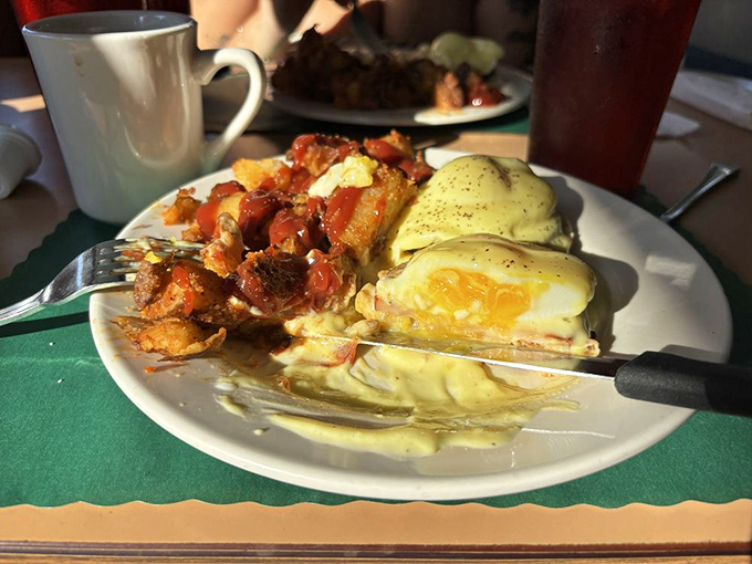 Eggs Benedict with hollandaise that could unite warring nations – sunshine-yellow perfection that makes you forget about your cholesterol numbers.