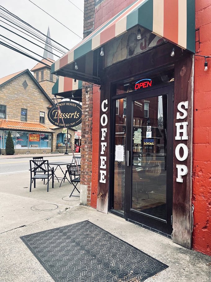 The entrance that separates the world of ordinary sidewalks from the realm of extraordinary desserts. That "OPEN" sign is practically winking.