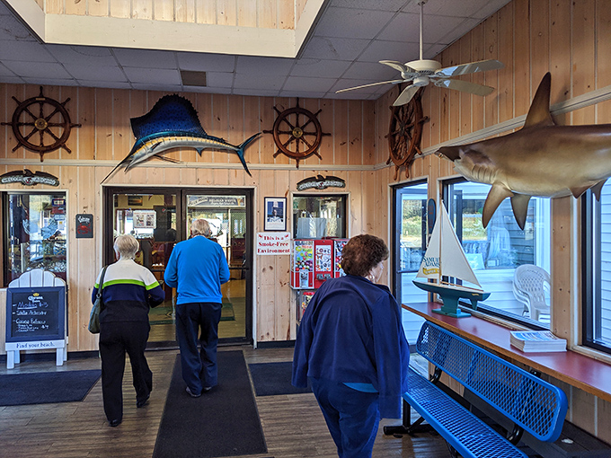The nautical-themed entrance sets the tone&mdash;ship wheels, marlins, and the promise of seafood that actually tastes like it came from the sea.