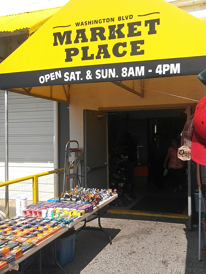 The golden gateway to weekend adventures. That bright yellow awning signals the starting line for treasure hunters ready to race for deals.