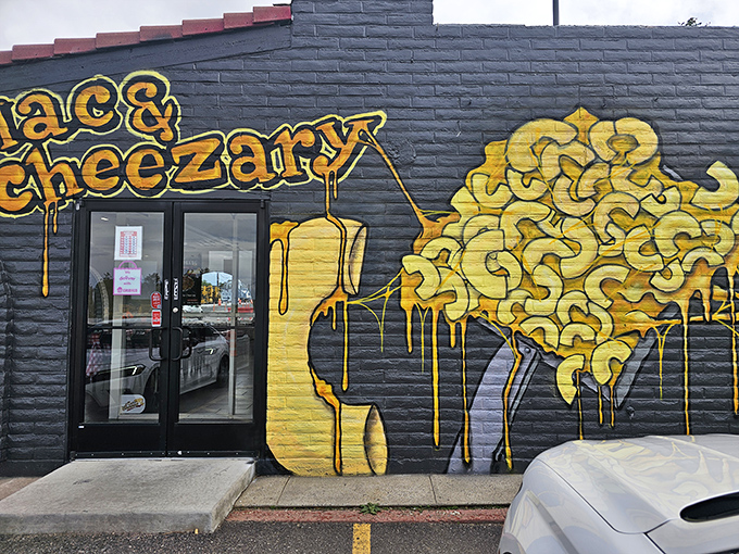 The exterior mural of macaroni swimming in cheese sauce is truth in advertising at its most delicious.