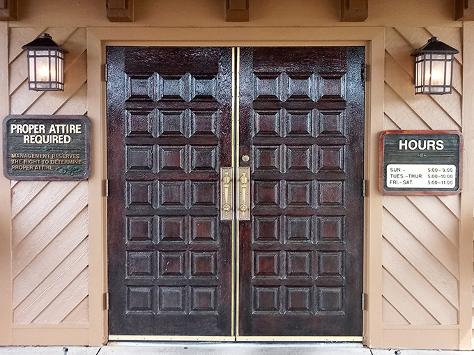 "Proper Attire Required"&mdash;three words that tell you everything about the experience that awaits behind these doors. Some traditions are worth keeping.