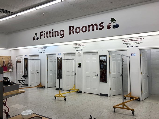 The fitting room corridor: where thrift store dreams either come true or get respectfully returned to the rack for someone else's discovery.