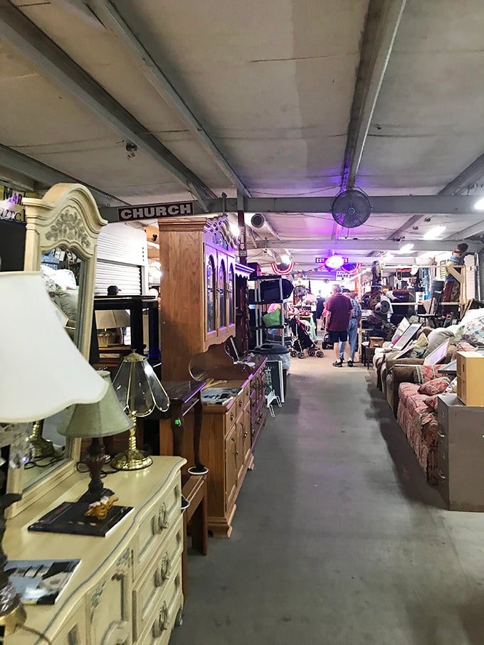 The furniture section: where vintage treasures and practical pieces create the perfect "I found it at the flea market" bragging rights.