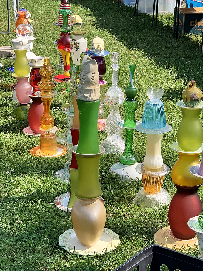 Colorful glass totems stacked like edible art, each piece catching sunlight like stained glass church windows.