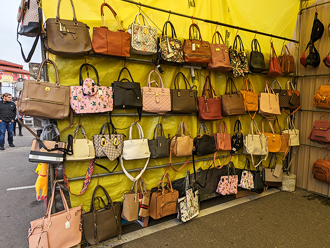 Handbag heaven hanging in plain sight. This wall of purses offers fashion possibilities for every style, occasion, and budget imaginable.