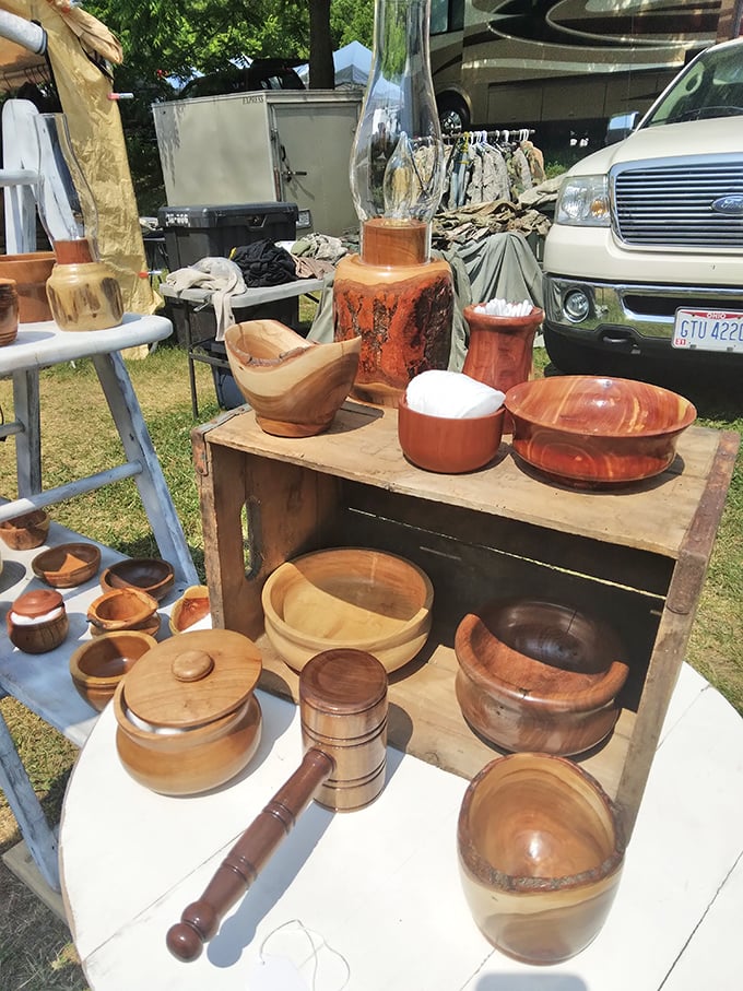 Handcrafted wooden bowls showcase the warm beauty of natural grain patterns. These aren't just kitchen items &ndash; they're functional art pieces waiting for a new home.