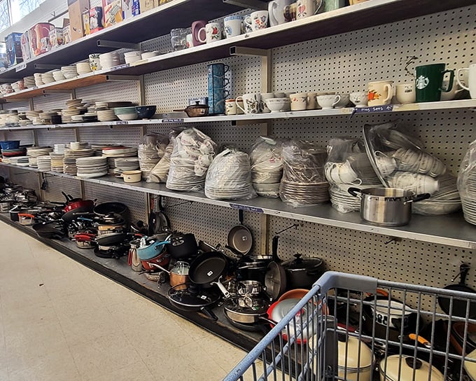 Kitchenware paradise where forgotten pots and mismatched dishes await their culinary second act. One person's castoff is another's perfect pasta pot.
