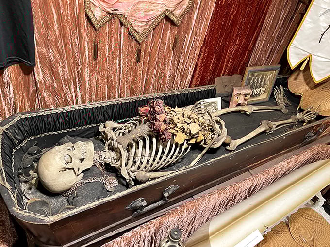 Nothing says "memento mori" quite like a skeleton in Victorian funeral attire. This permanent resident puts the "grave" in Graveface Museum.