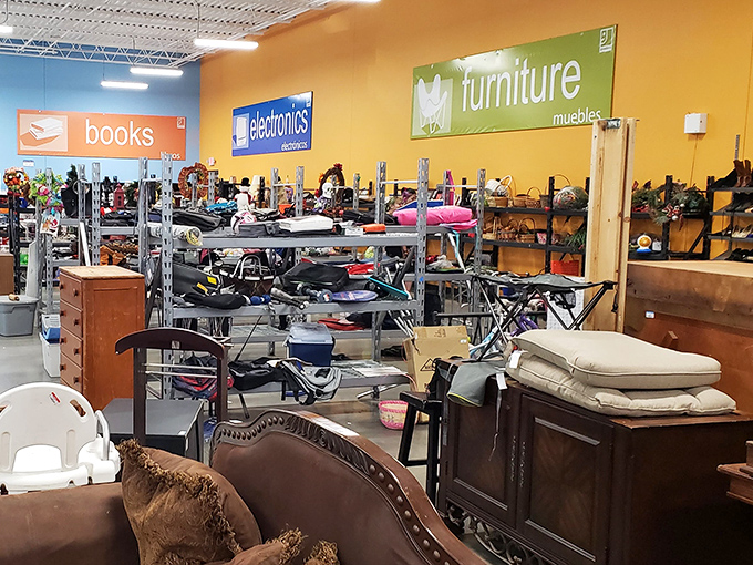 Department store clarity meets warehouse prices. These color-coded sections help navigate the wonderful wilderness of secondhand shopping.