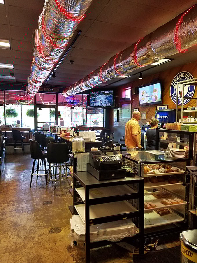 The diner's industrial ductwork wrapped in festive lights says, "We're serious about cooking but fun about everything else."