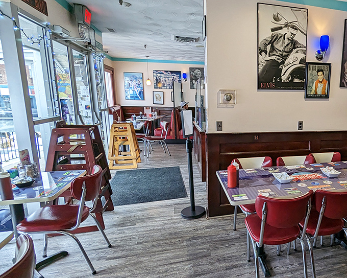 Elvis Presley Boulevard sign watches over diners like the King himself is blessing your meal. The textured ceiling and neon trim aren't retro by design&mdash;they're authentic by survival.