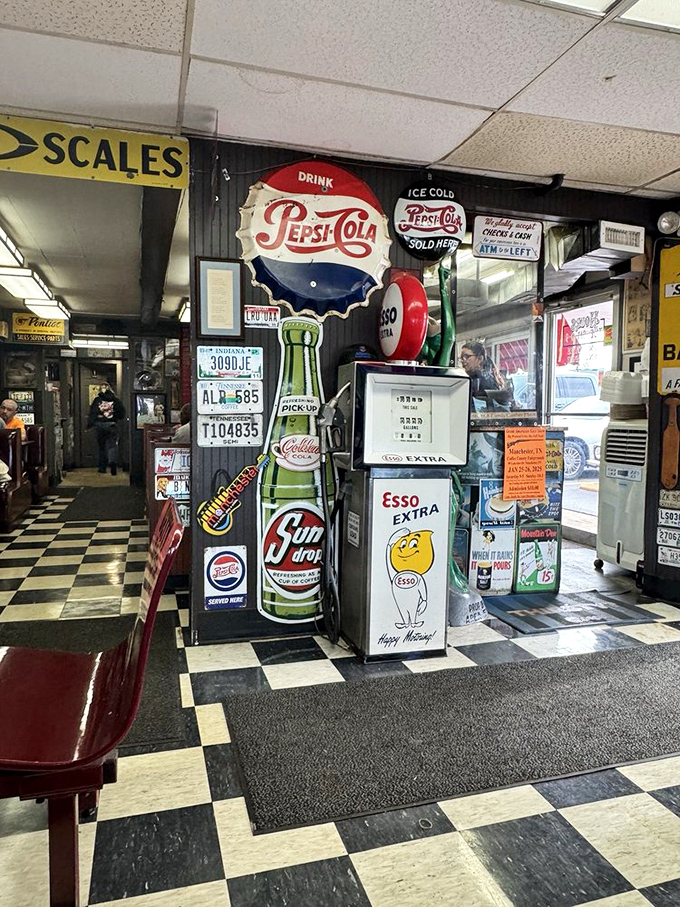 Vintage signs and memorabilia create a museum-worthy collection that tells the story of American road trips, cold sodas, and the enduring appeal of a good diner.